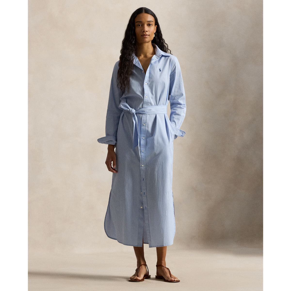 RALPH LAUREN Belted Striped Cotton Shirt Dress